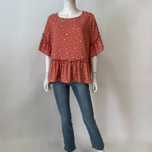 entro | Tops | Entro Short Sleeve Coral Polka Dot Flair Blouse Top ...